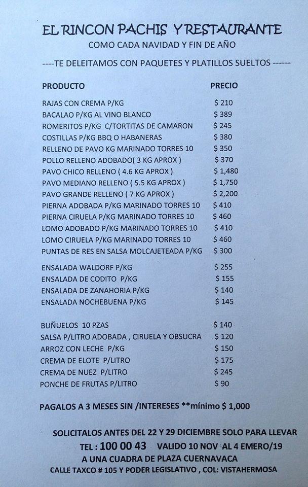 Menu at El Rincón De La Pachis & Rest restaurant, Cuernavaca
