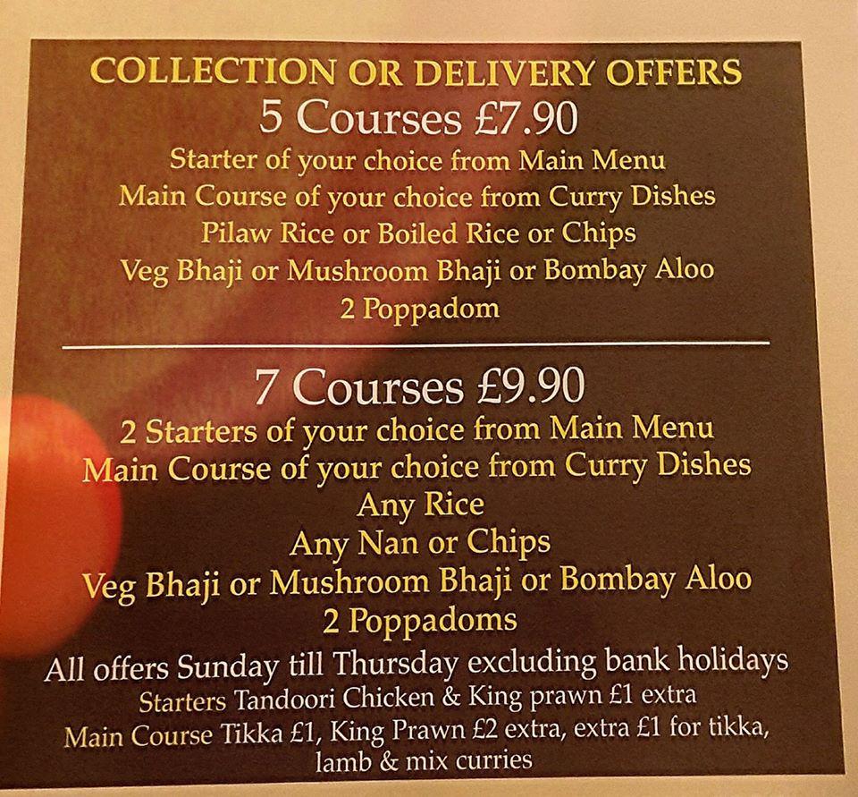 Menu at Kashmir Tandoori restaurant, South Shields