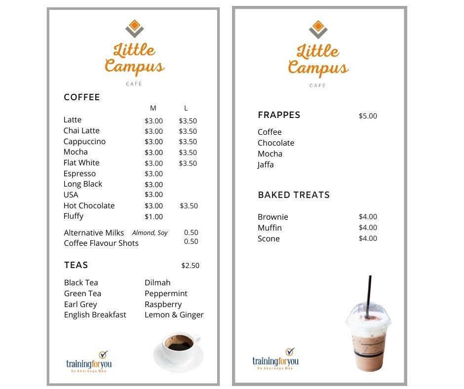 Menu at Little Campus Cafe, Whanganui