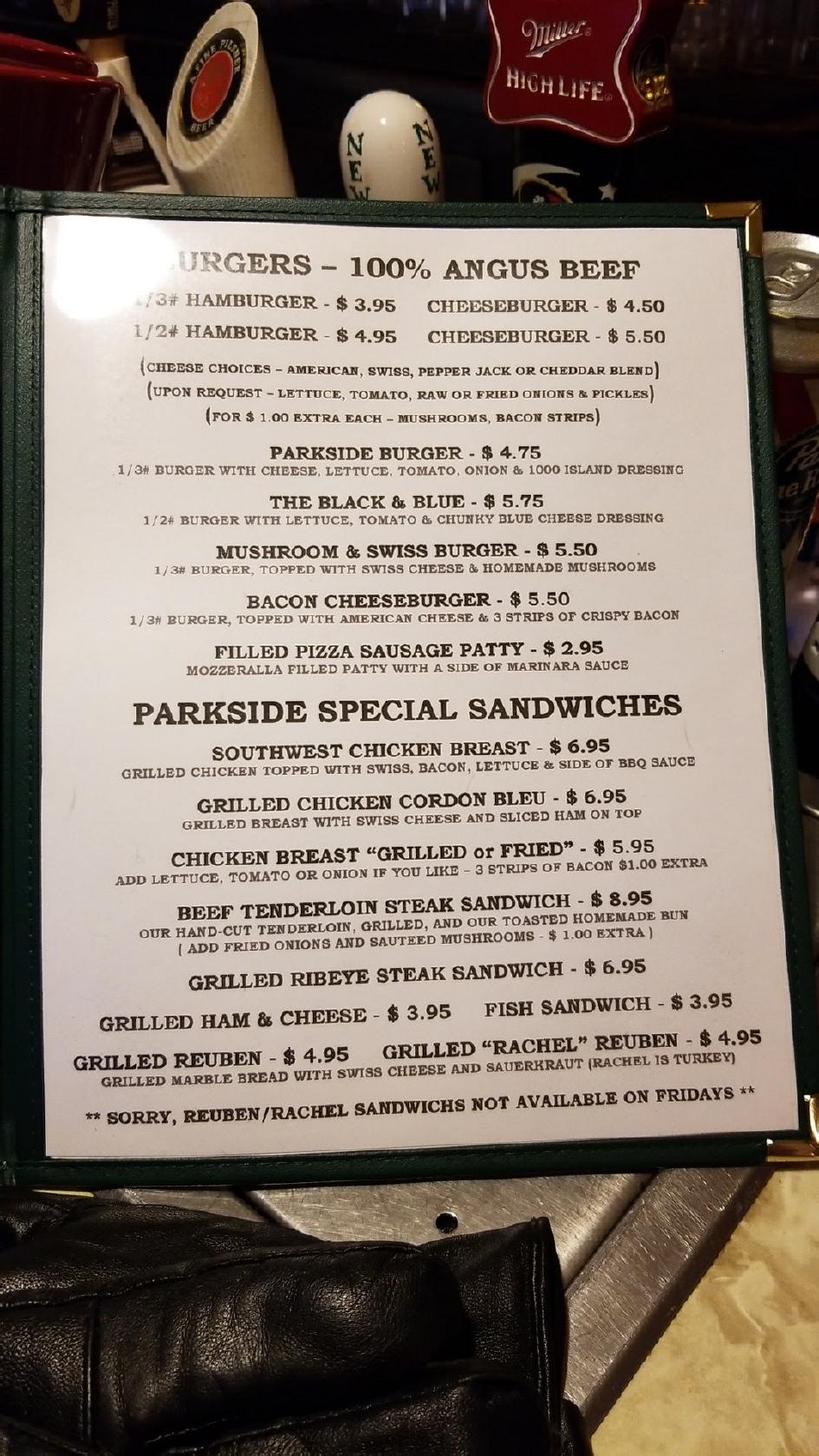 Menu at Parkside Inn pub & bar, Newburg