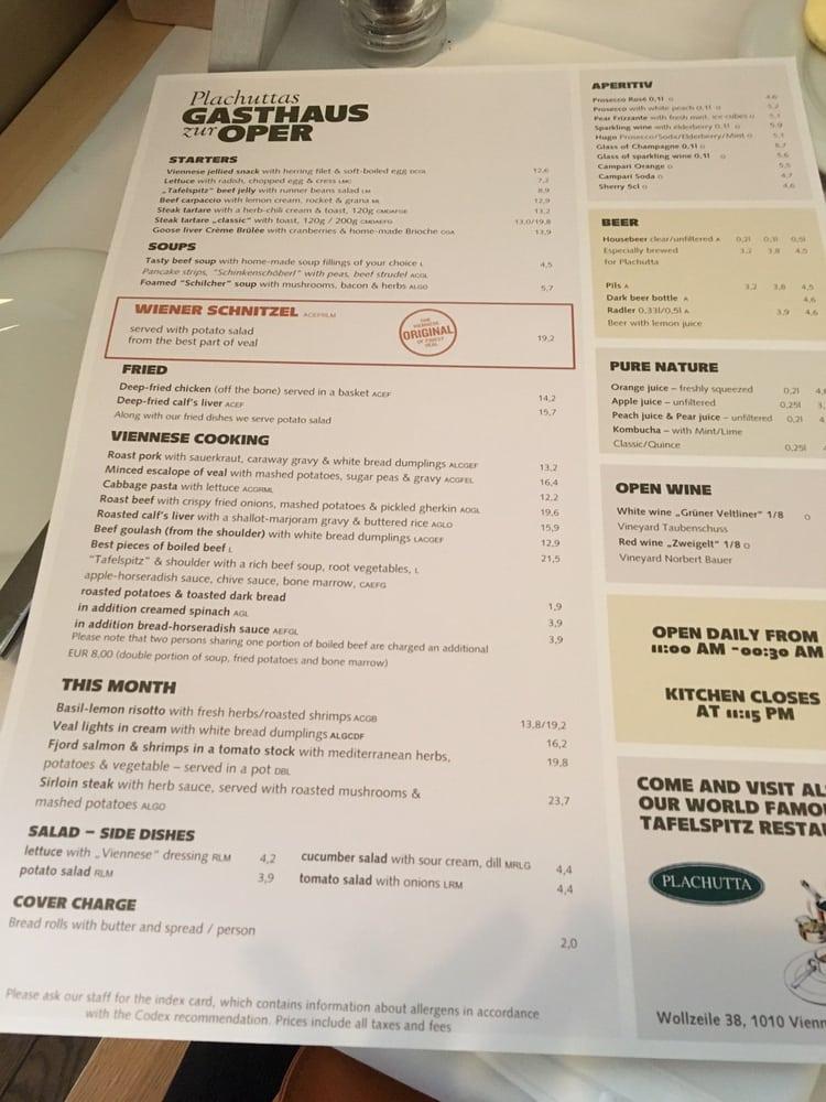 Menu at Plachuttas Gasthaus zur Oper restaurant, Vienna, Walfischgasse 5