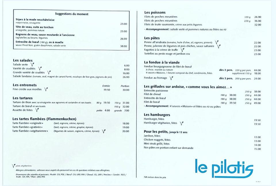 Carta de Restaurant Le Pilotis, Cortaillod