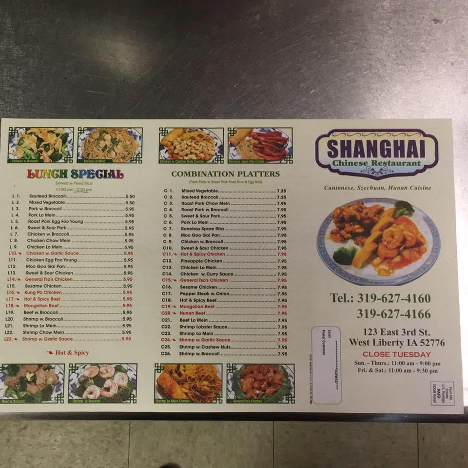 Menu at Shang Hai Chinese Restaurant, West Liberty