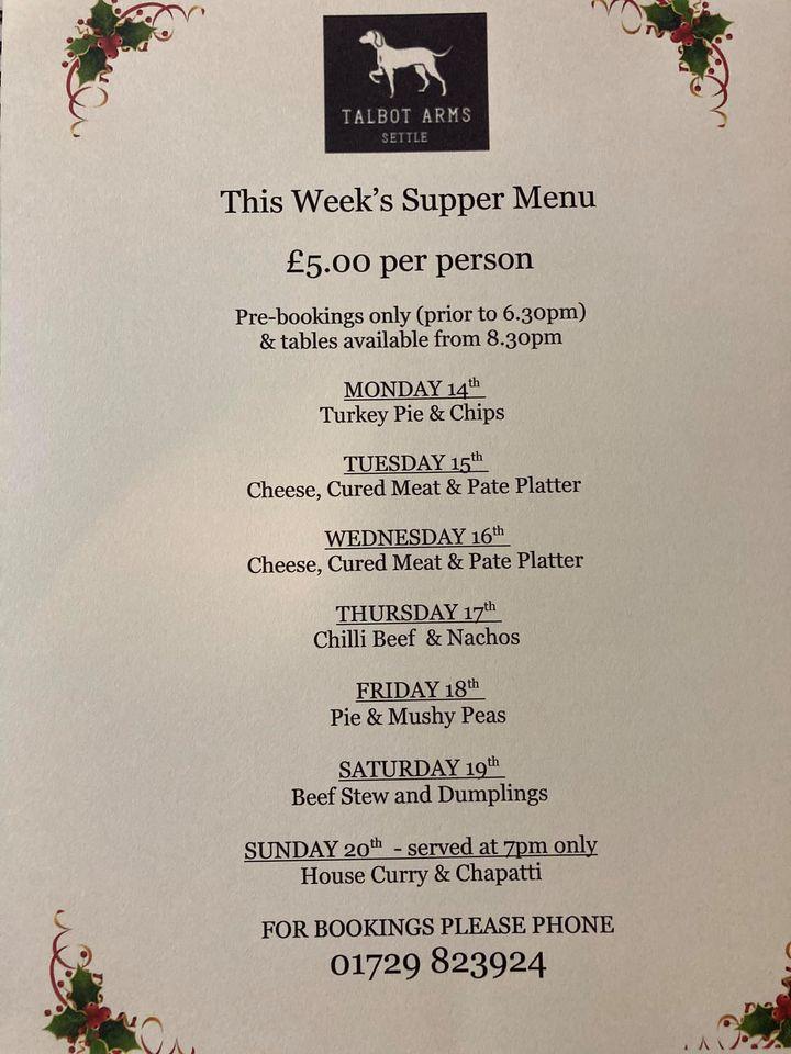 Menu at Talbot Arms pub & bar, Settle