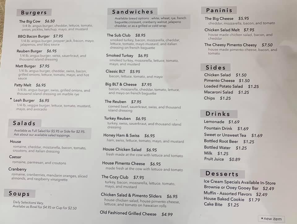 Menu at The Cozy Cow cafe, Huntsville