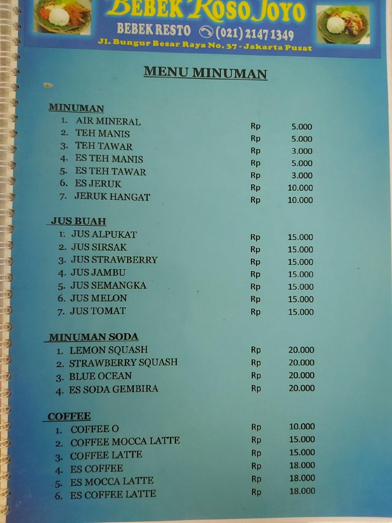 Menu at Bebek Roso Joyo restaurant, Central Jakarta