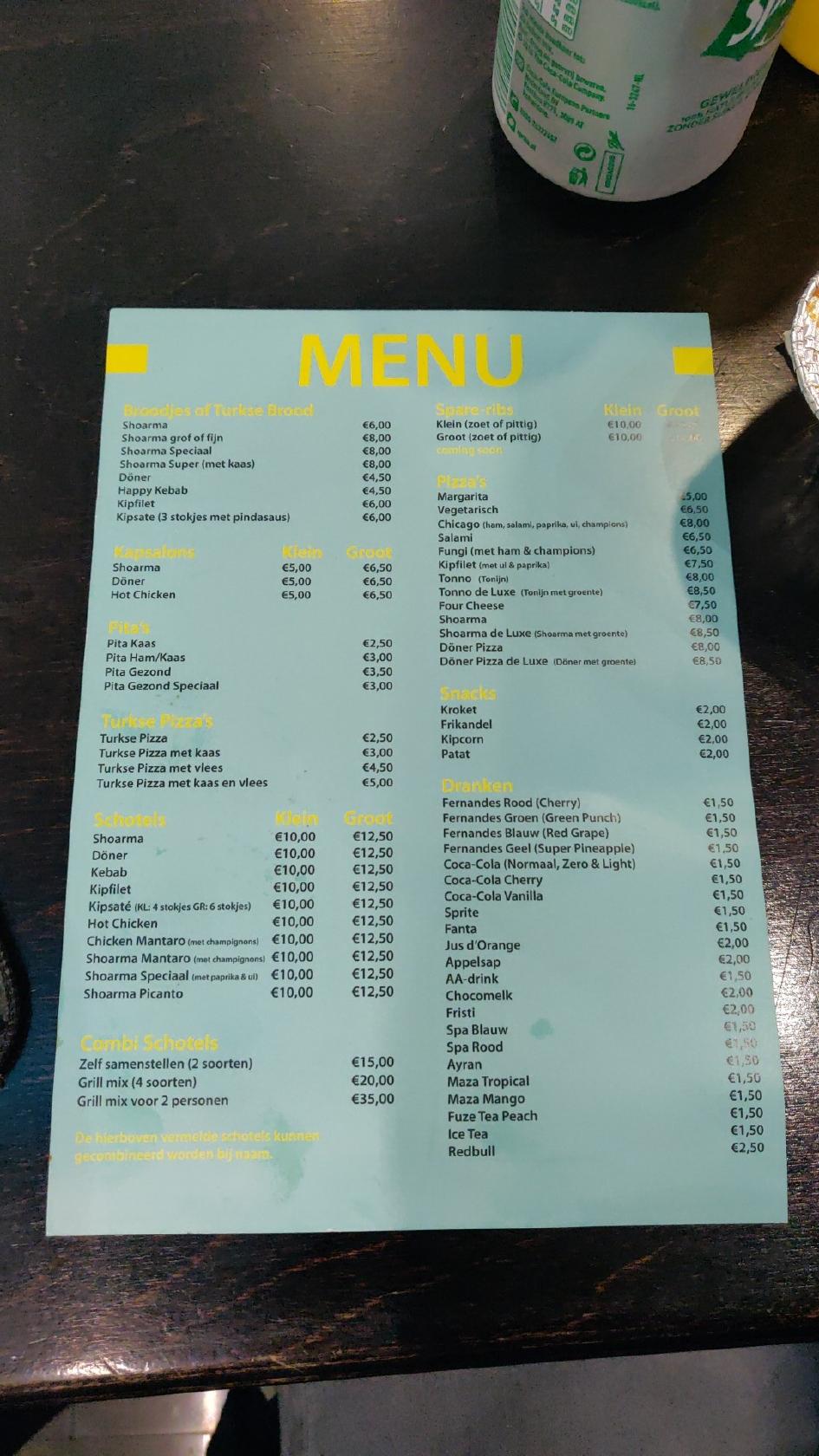 Menu at Happy Grill, Rotterdam