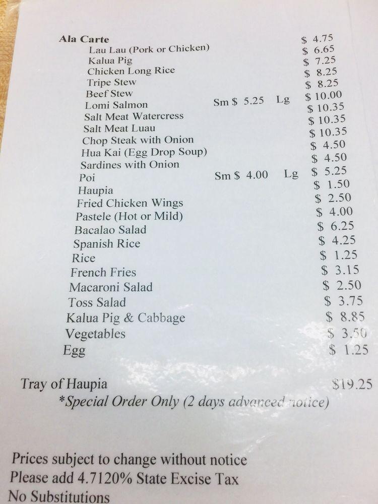 Menu at Jackie's Diner restaurant, Aiea