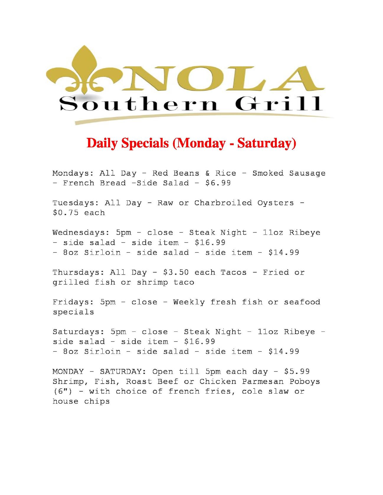 Menu at NOLA Southern Grill restaurant, Slidell