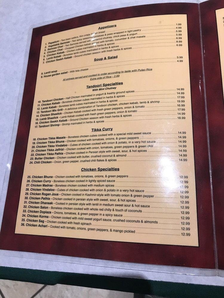 Menu at Namaste Indian Restaurant, St. Augustine
