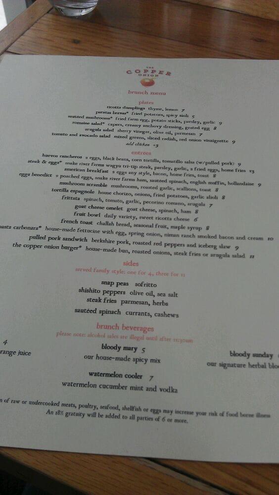 Menu at The Copper Onion restaurant, Salt Lake City
