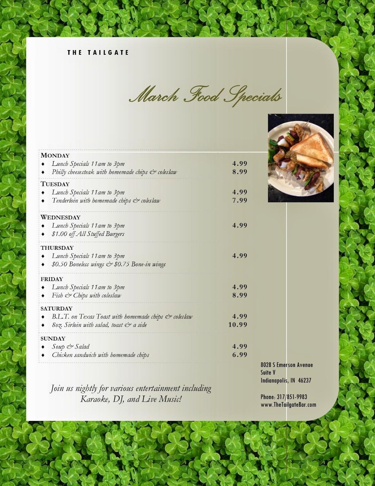 Menu at The Tailgate pub & bar, Indianapolis, S Emerson Ave Suite V