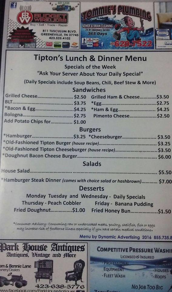 Menu at Tipton's Cafe, Greeneville