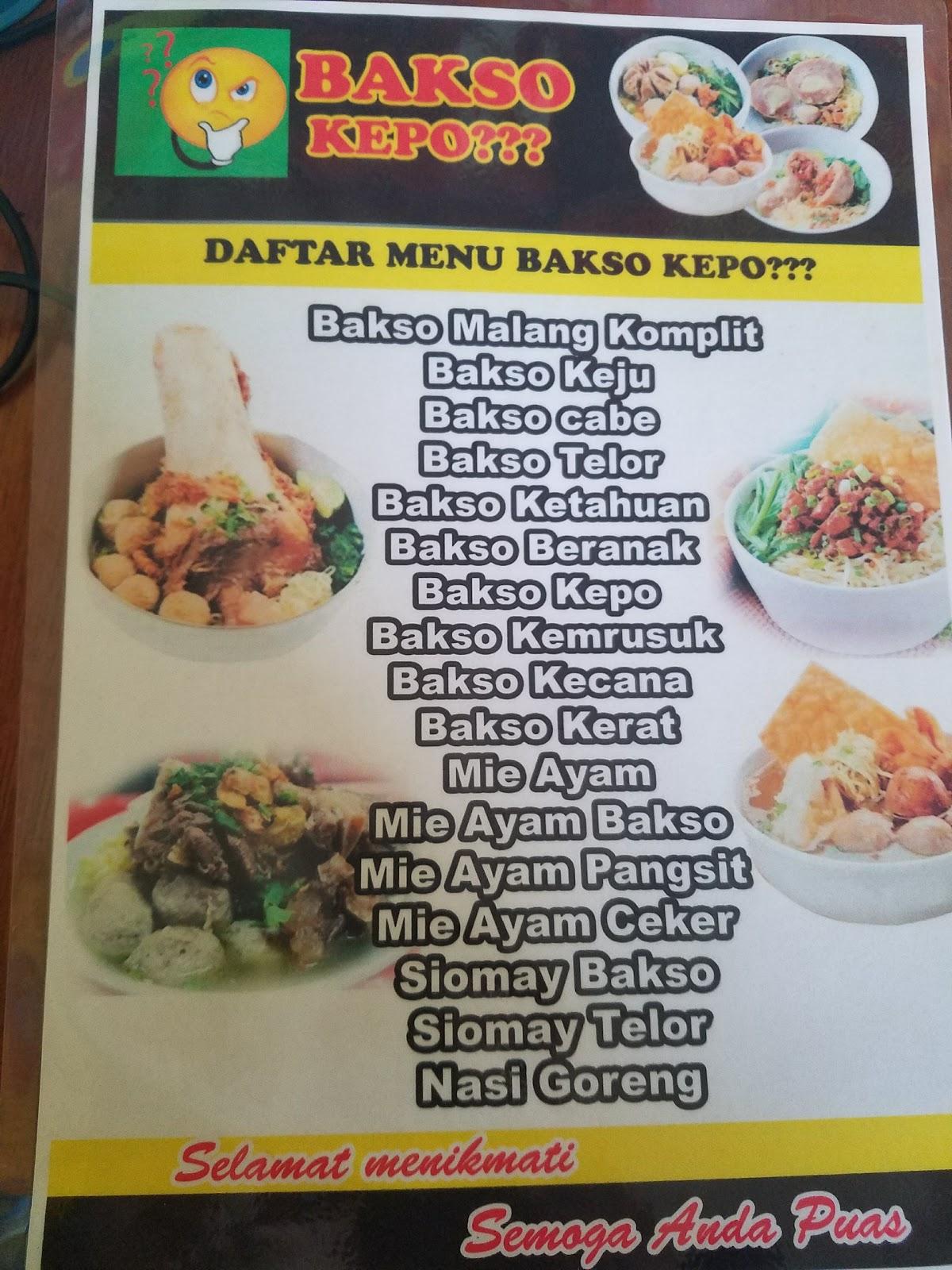 Menu at Bakso Mas Kepo restaurant, Padang, Jalan Simpang Tigo