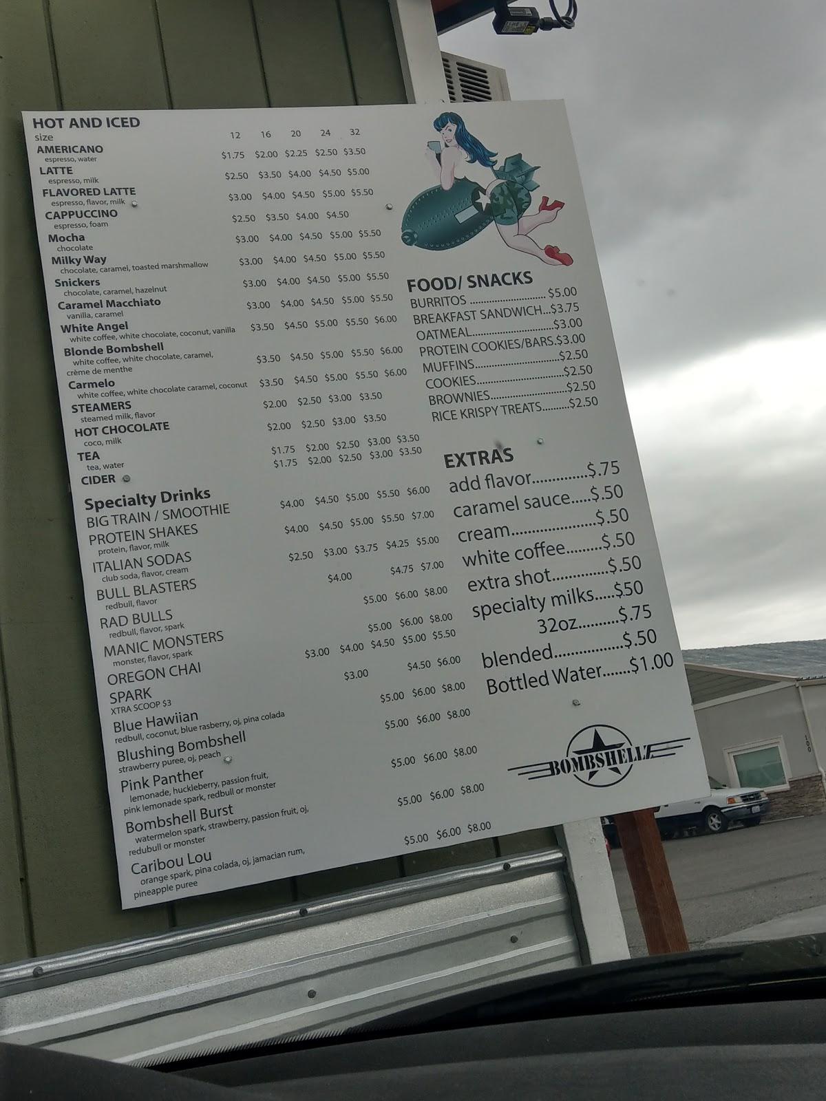 Menu at Bombshellz Espresso cafe, Richland