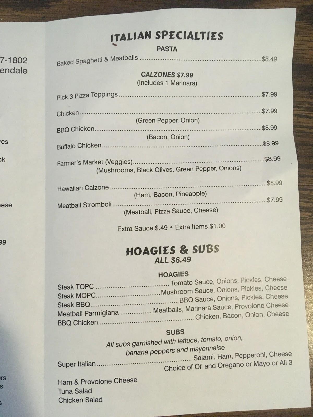 Menu at Buzzy's NYPD pizzeria, Greendale