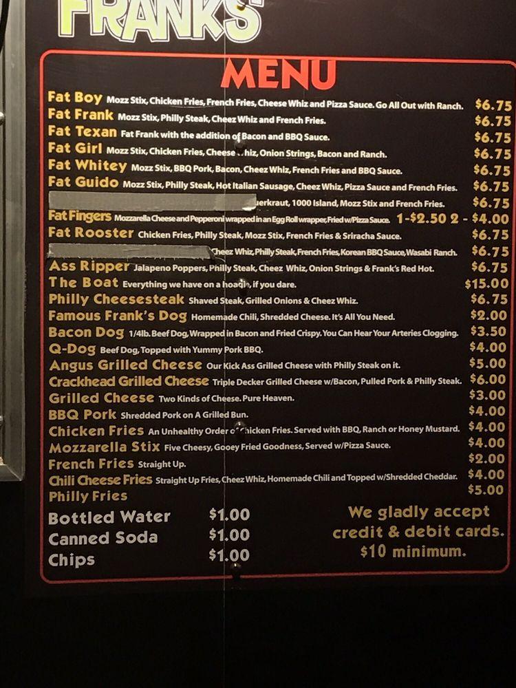 Menu at Famous Frank's restaurant, West Lafayette