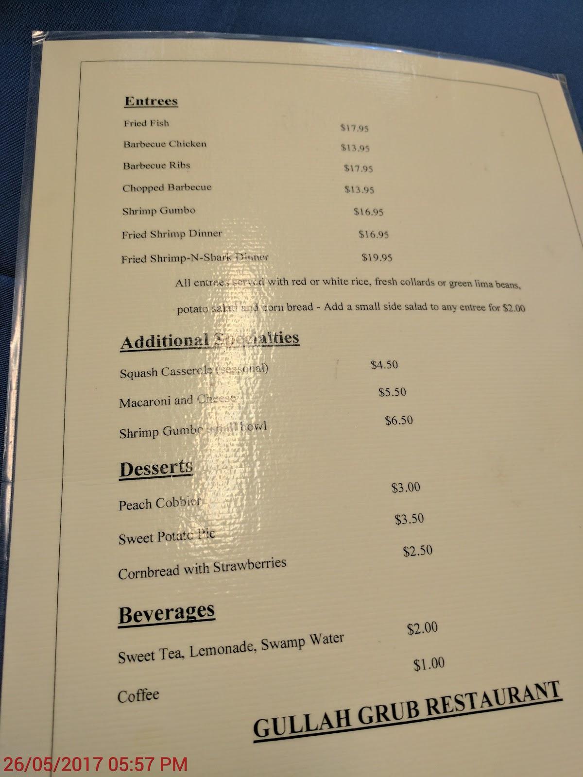 Menu at Gullah Grub Restaurant, Saint Helena Island, 877 Sea Island Pkwy
