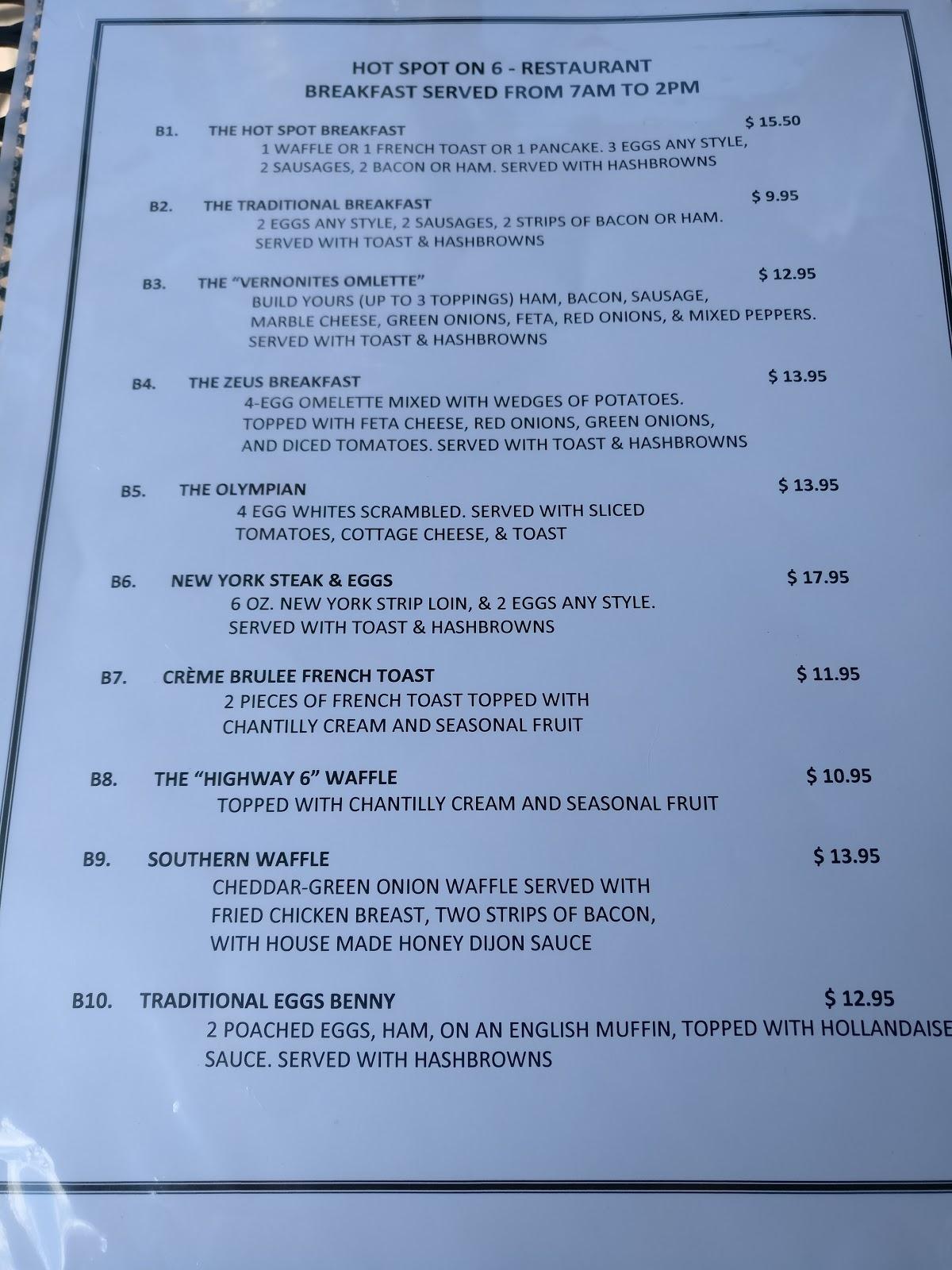 Menu at Hot Spot on 6 restaurant, Vernon