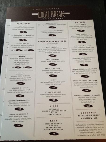 Menu at Local Break Restaurant and Bar, Eastham