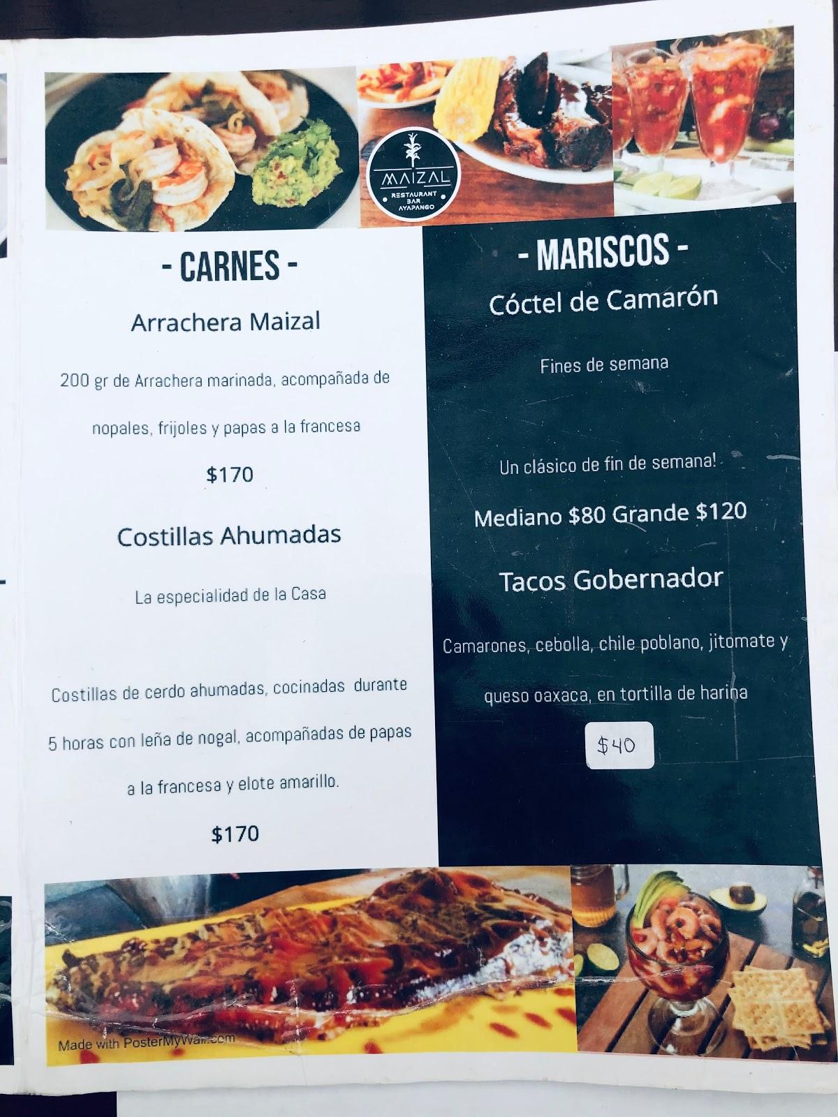 Carta de Maizal Restaurante Bar, Ayapango de Gabriel Ramos Millán