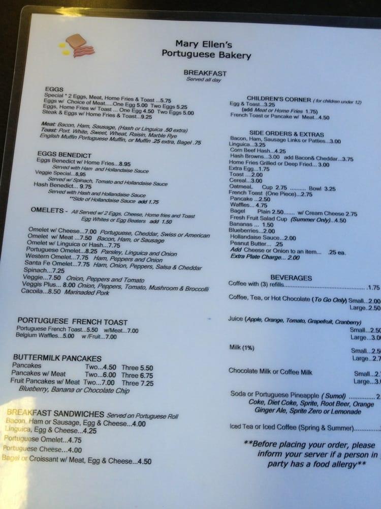 Menu at Mary Ellen's Portuguese Bakery, Falmouth