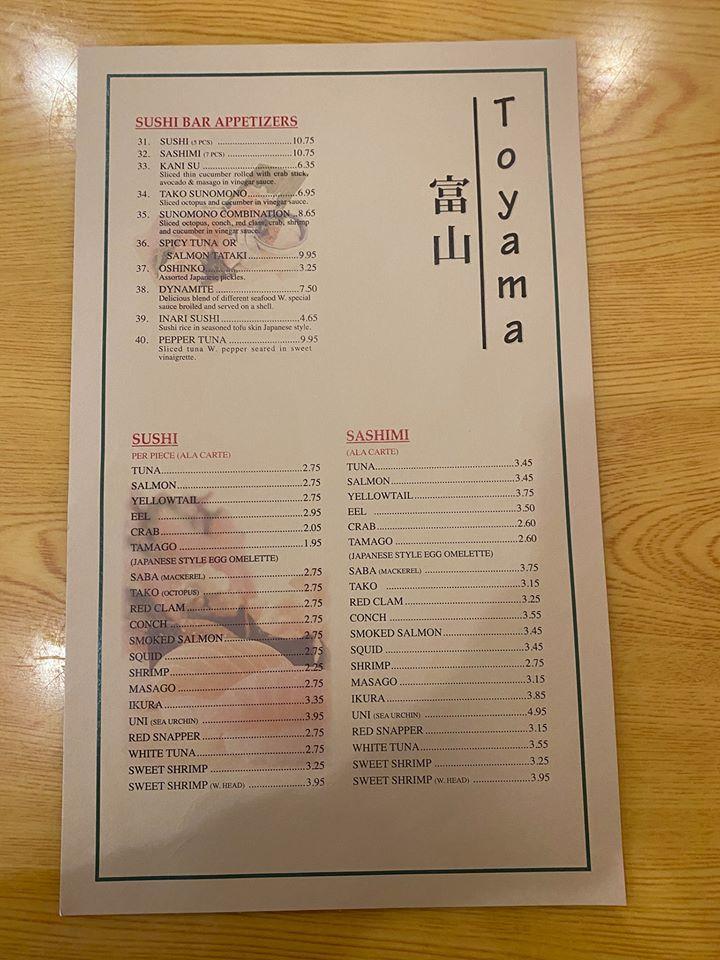 Menu at Toyama Japanese Restaurant, Elizabeth City