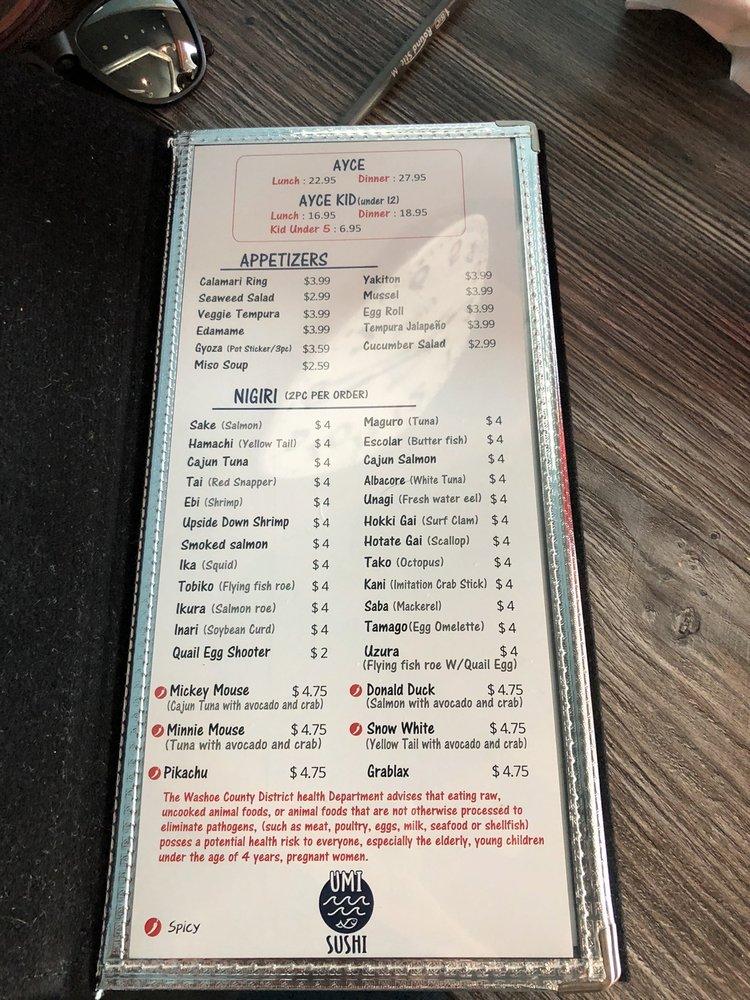 Menu at Umi Sushi restaurant, Reno