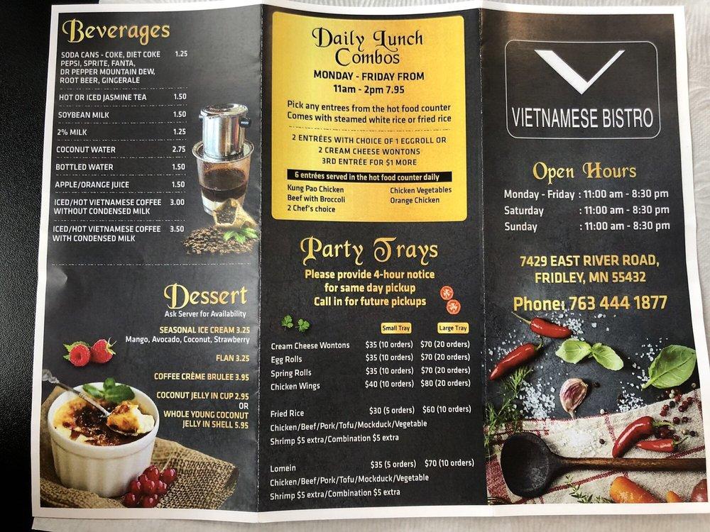 Menu at V-Bistro (Viet Bistro) restaurant, Fridley