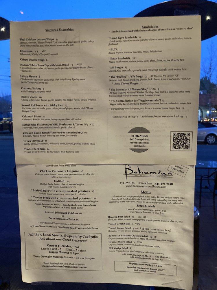 Menu at Bohemian Bar & Bistro, Grants Pass