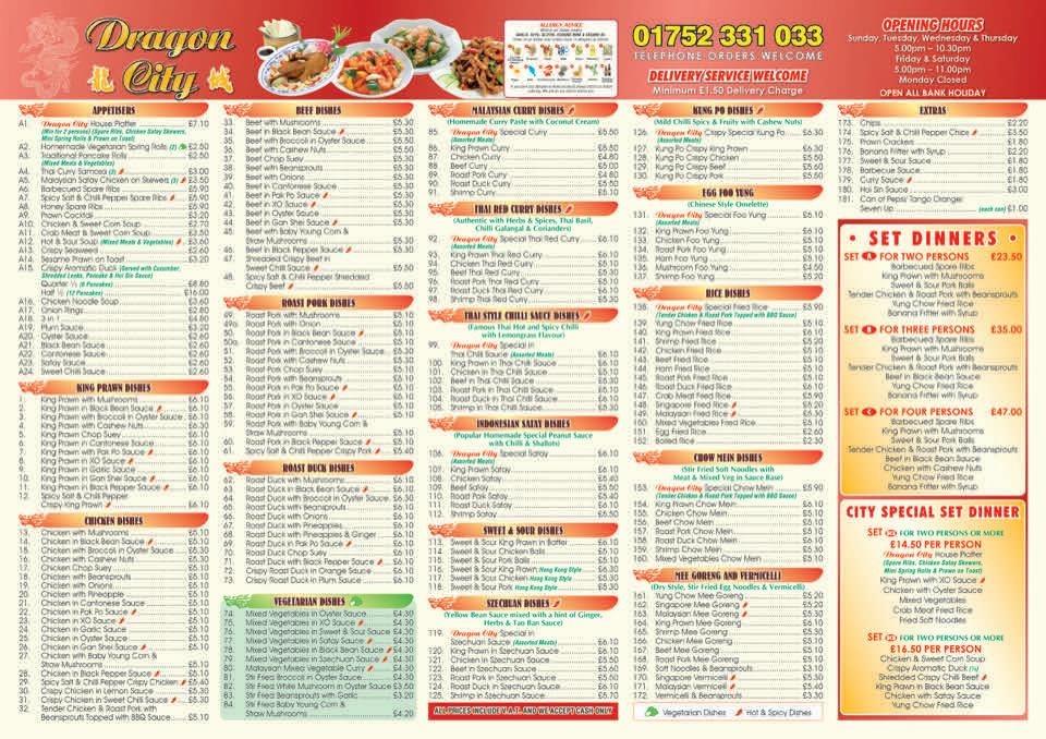 Menu at Dragon City fast food, Plymouth