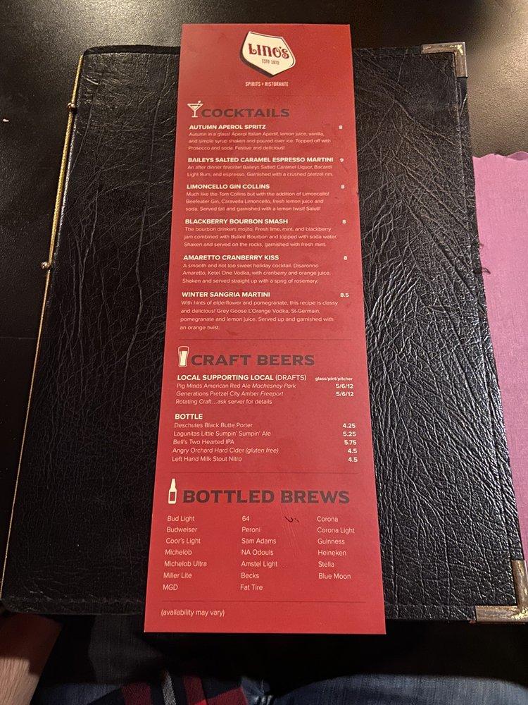 Menu at Lino's pizzeria, Rockford
