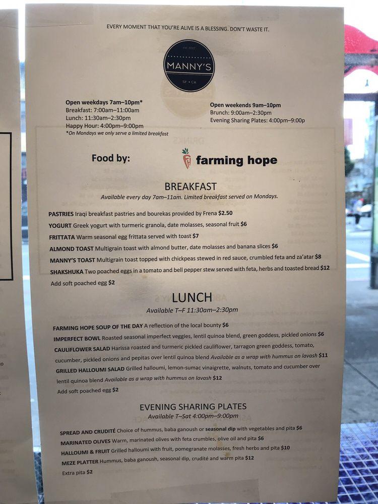 Menu at Manny’s cafe, San Francisco