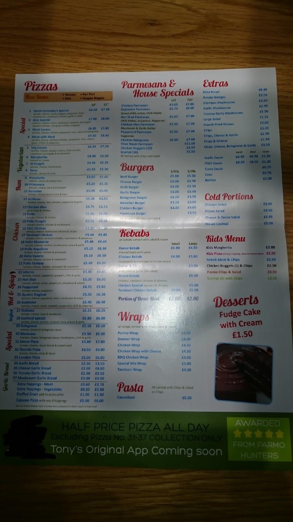 Menu at North Ormesdy Parmesan House pizzeria, Middlesbrough