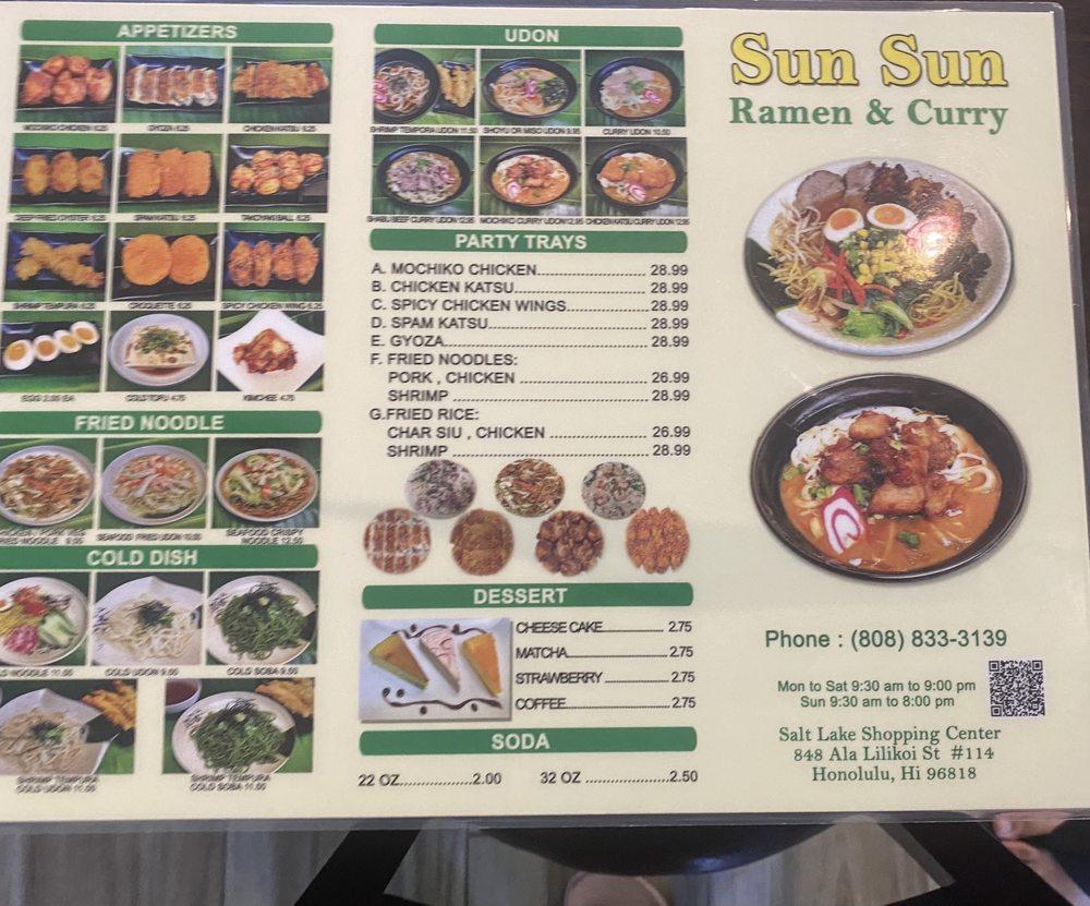 Menu at Sun Sun Ramen and Curry restaurant, Honolulu
