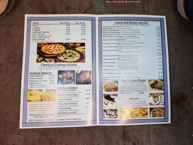 Menu at Taso's Euro Cafe, Norwood
