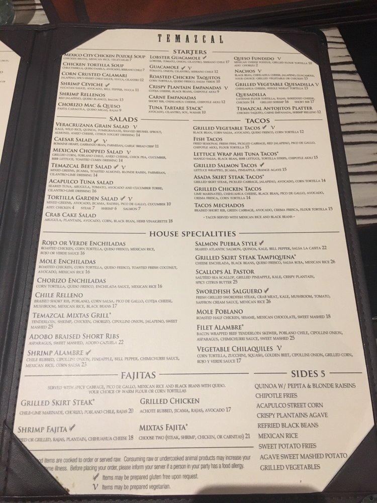Menu at Temazcal Tequila Cantina restaurant, Dedham