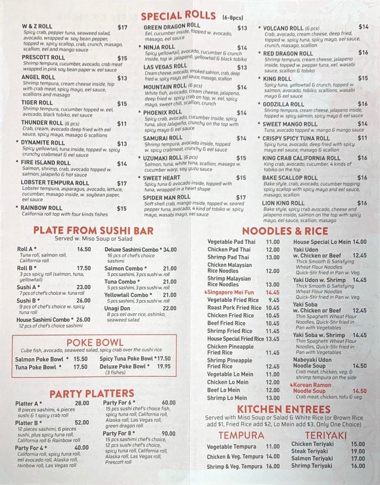 Menu at W & Z Asian Bistro & Sushi Bar, Prescott Valley