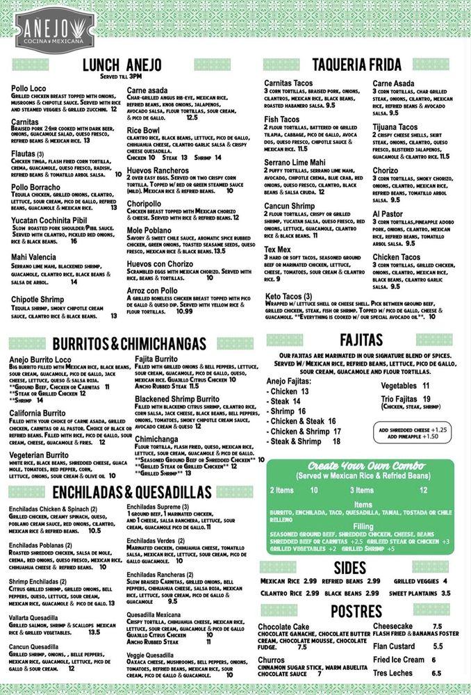 Menu at Anejo Cocina Mexicana Ponte Vedra restaurant, Ponte Vedra Beach