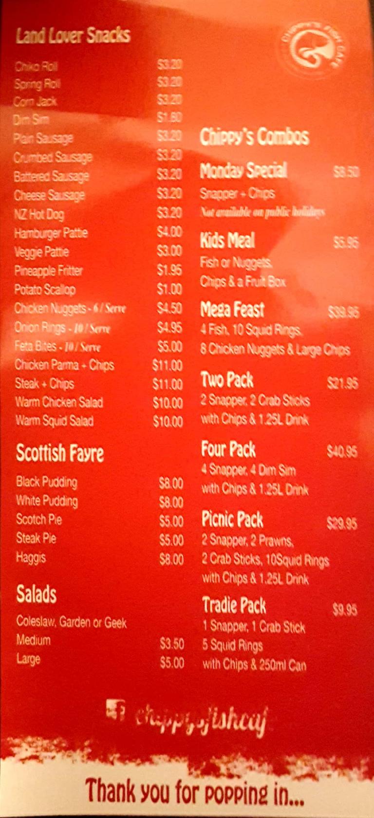 Menu at Chippy's Fish Cafe BUTLER, Butler, Shop 16 Brighton Shopping ...