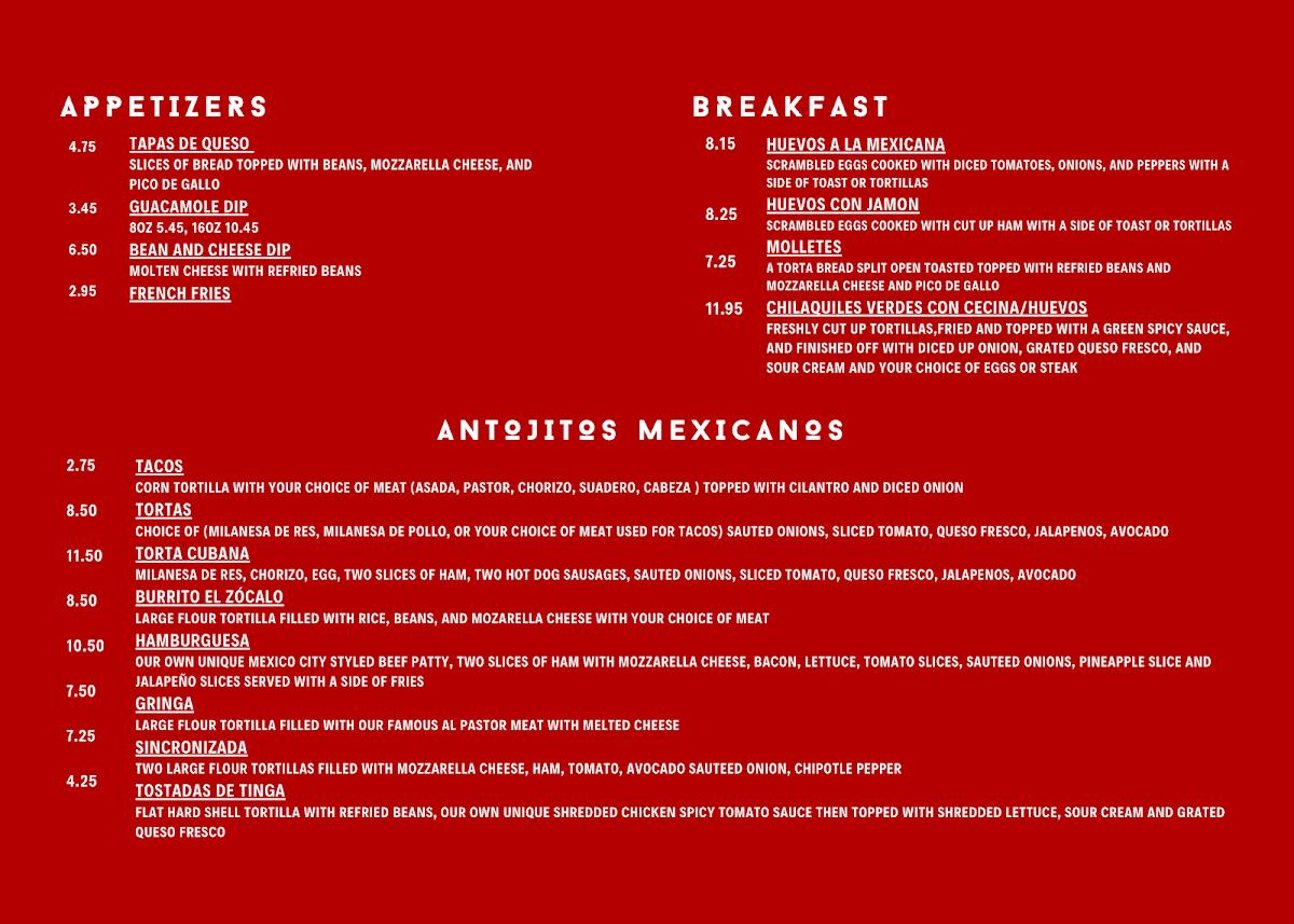 Menu at El Zocalo Authentic Mexican Cuisine restaurant, Goshen