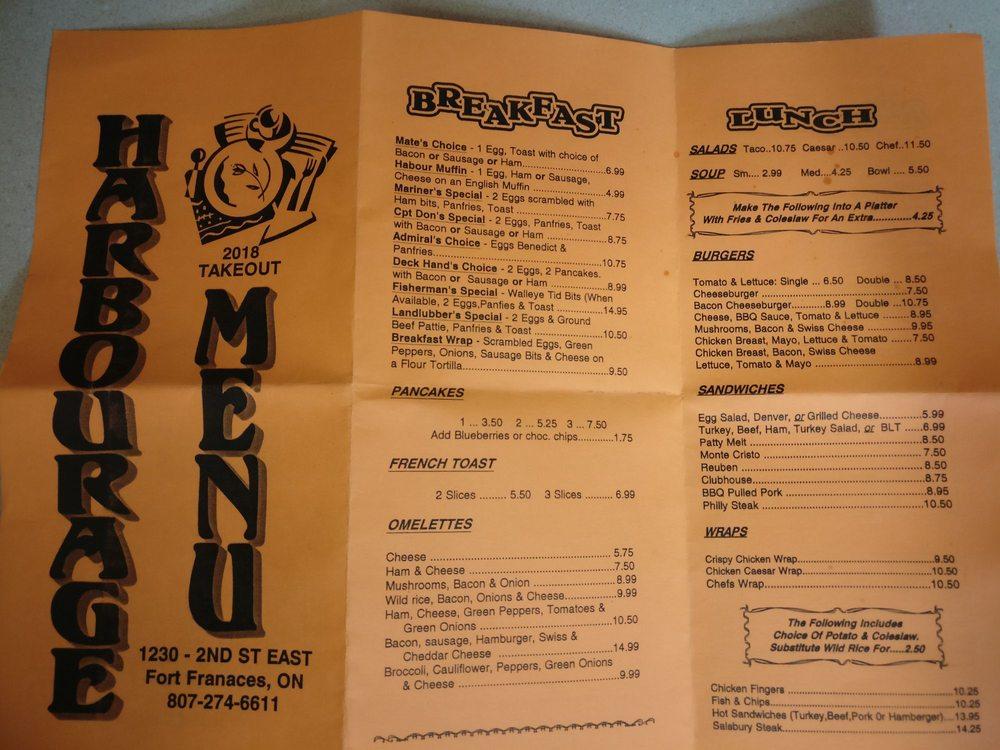 Menu at Harbourage restaurant, Fort Frances