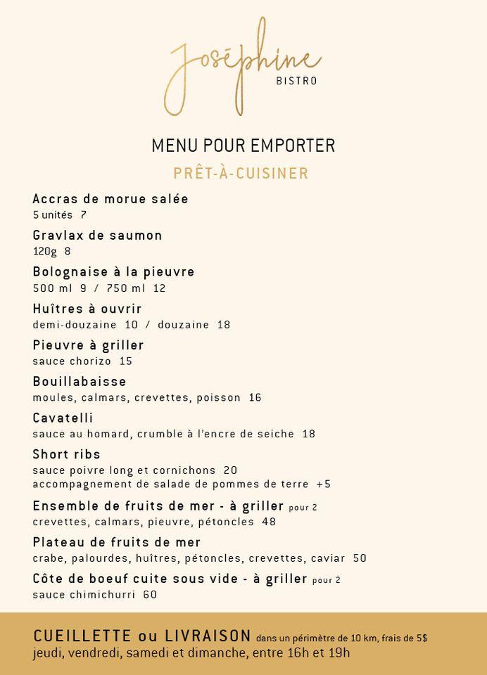 Menu at Joséphine restaurant, Montreal, Saint Denis St