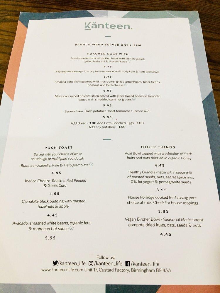 Menu at Kanteen restaurant, Birmingham, Kanteen Digbeth