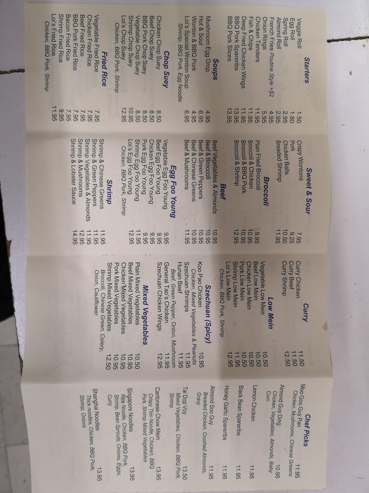 Menu at Loi's Restaurant, North Bay