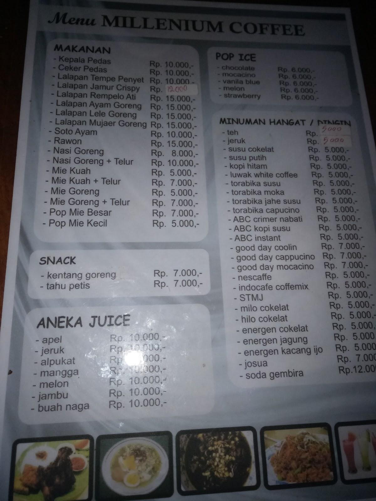 Menu at Millenium Cafe, Malangsuko