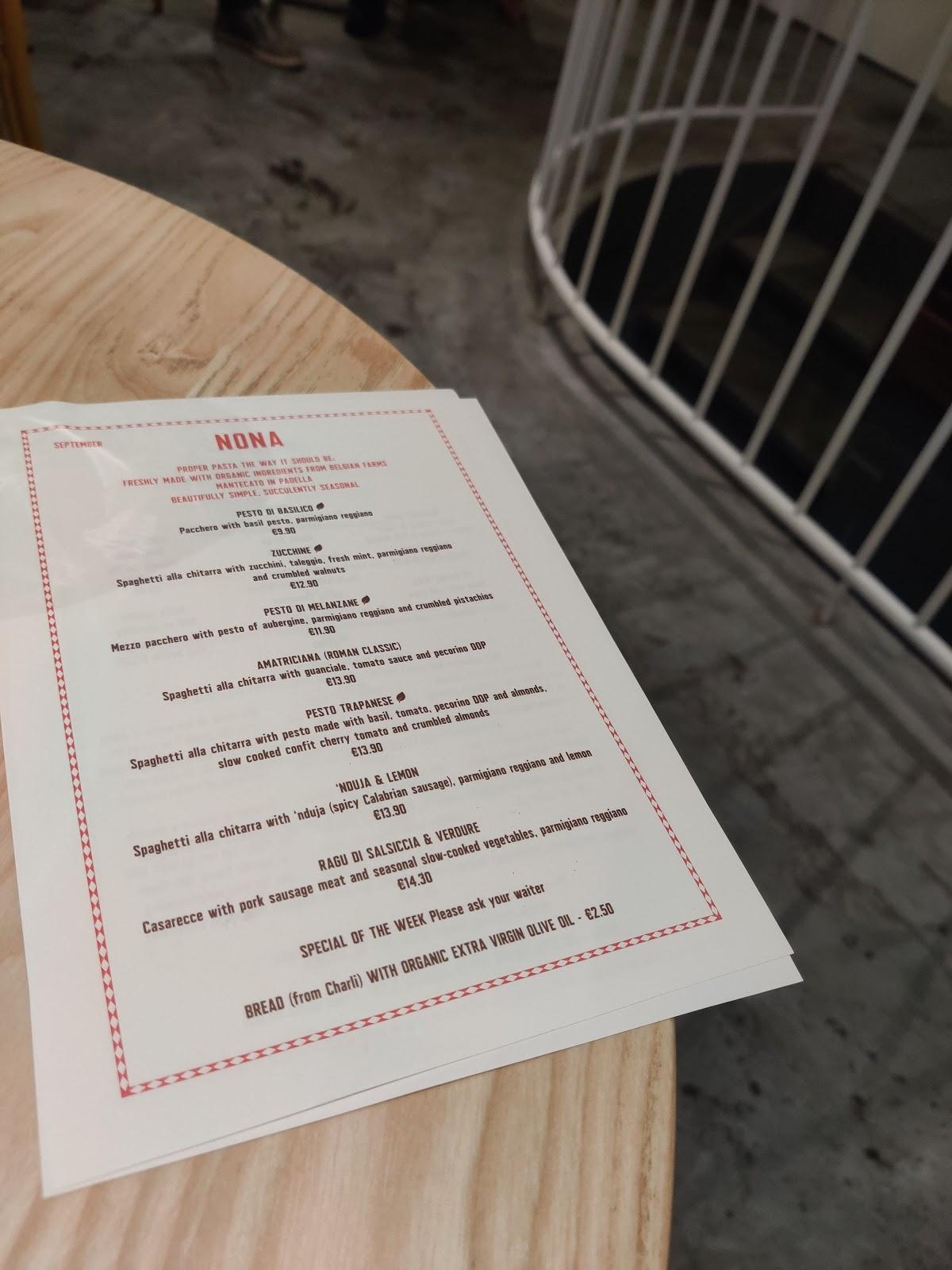Menu au NONA PASTA St-Catherine, Bruxelles, Rue Sainte-Catherine 7