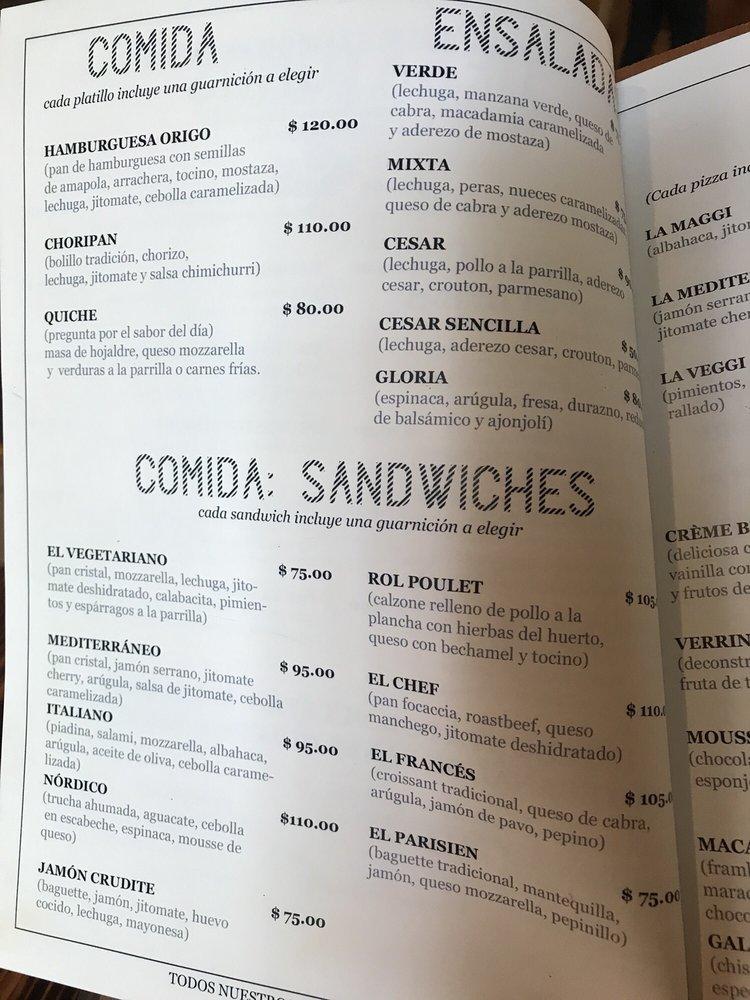 Menu at ORIGO cafe, Morelia, jardin Morelos 121