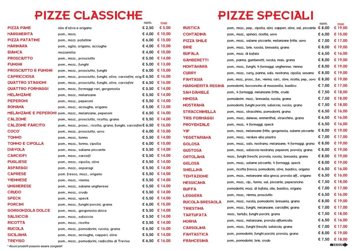 Menu da Pizzeria Smile Roiano, Trieste, Via Barbariga