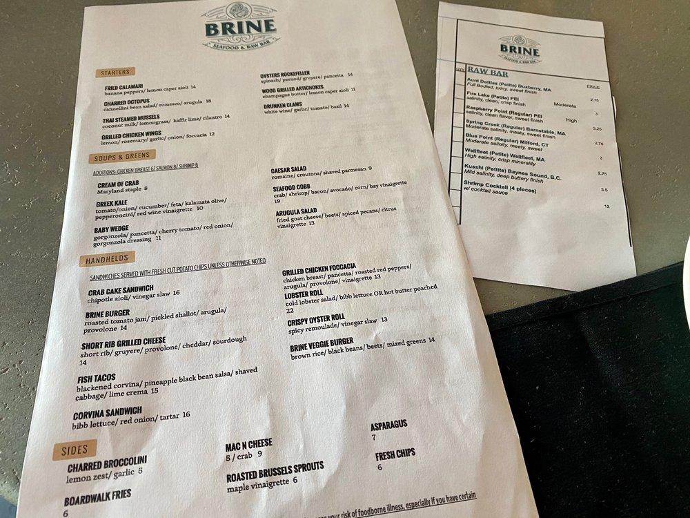 Menu at Brine Seafood and Raw Bar, Sarasota
